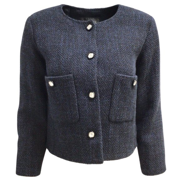 CHANEL | Jackets & Coats | Chanel Navy Blue Crystal Embellished Button ...